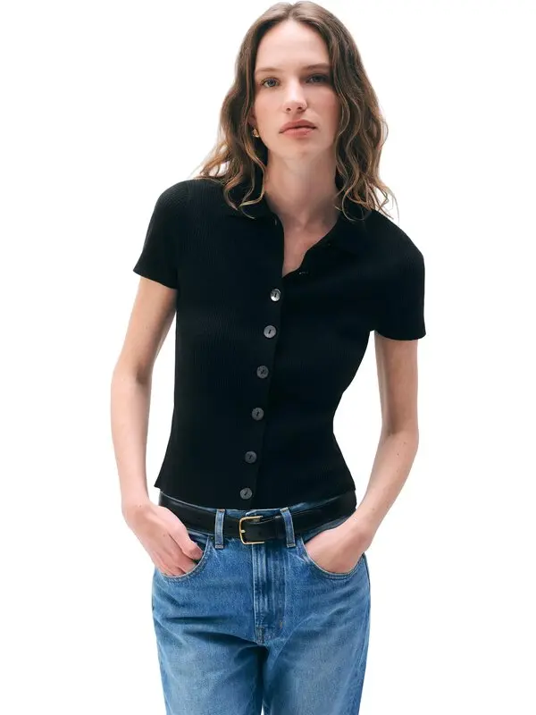 WHITE & WARREN Button-front Short Sleeve Top - Black