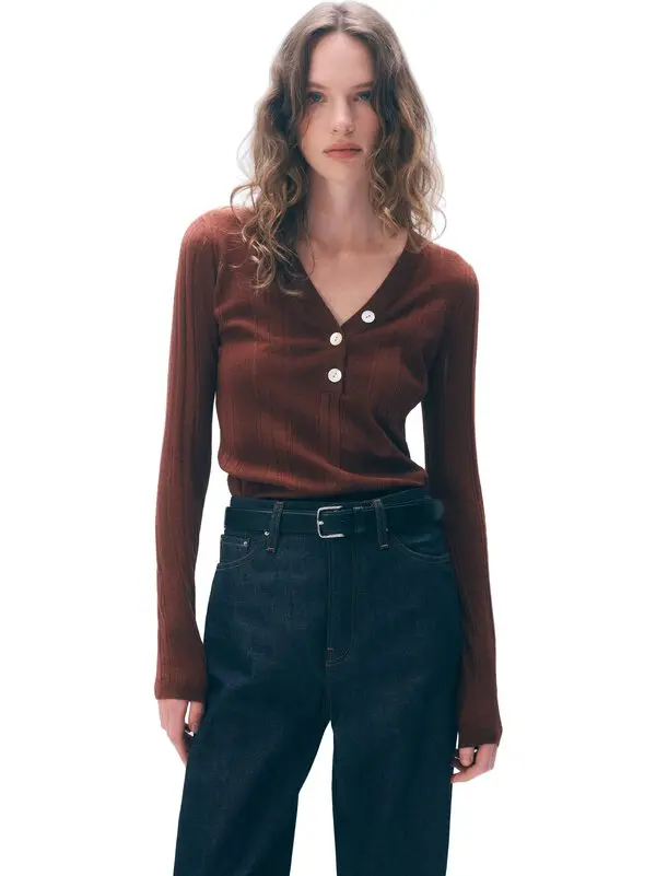 WHITE & WARREN Linen Blend Henley Sweater - Brown