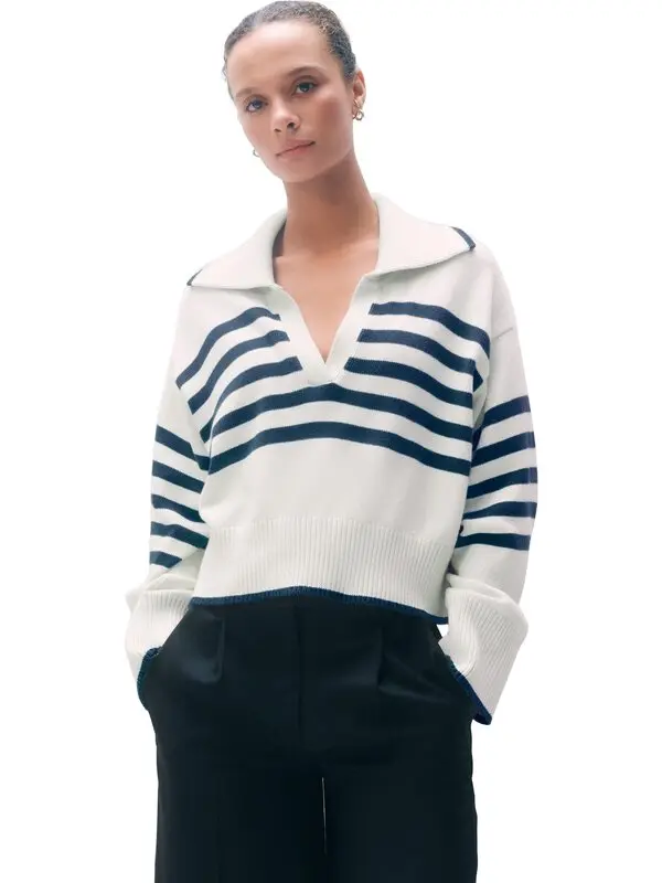 WHITE & WARREN Cotton Striped Polo Sweater - Navy