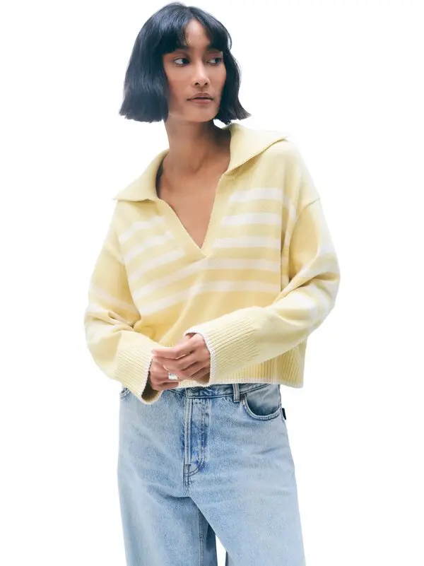 WHITE & WARREN Cotton Striped Polo Sweater - Ivory