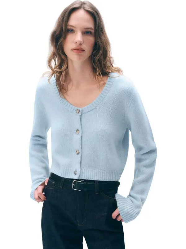 WHITE & WARREN Cashmere Scoop Neck Cropped Cardigan - Blue
