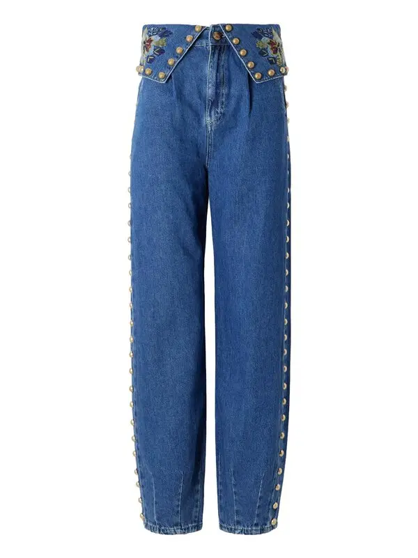Farm Rio Studded Embroidered Jeans - Blue