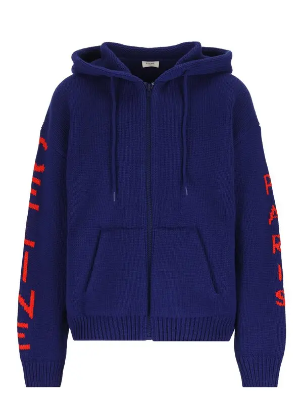 Celine Zip-up Hooded Cardigan With Drawstring - Blue/red