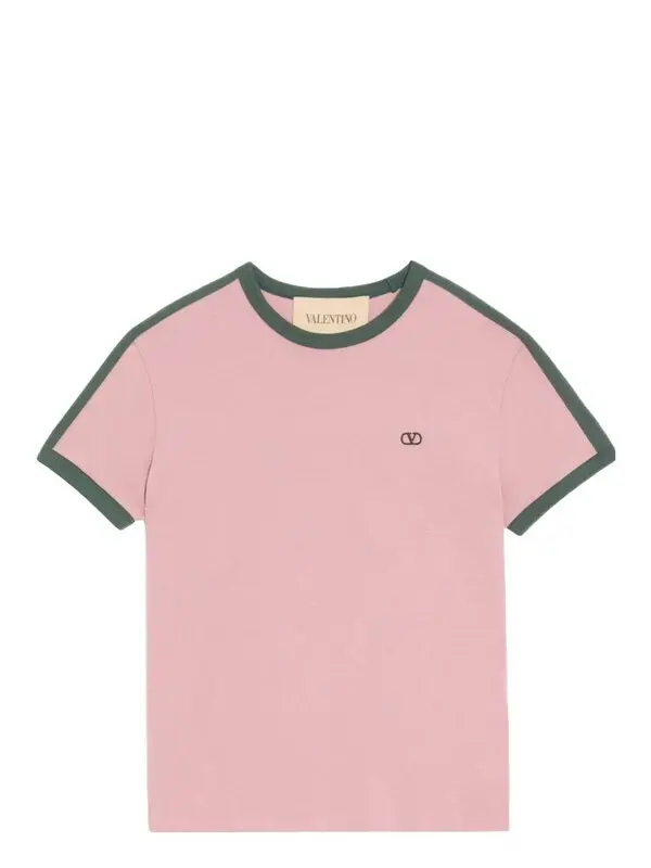 Valentino Garavani Cotton T-shirt With Crew Neck, Contrasting Side Bands And Vlogo Embroidery - Pink