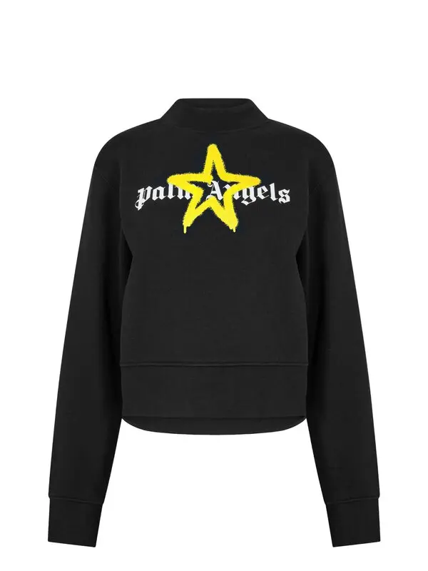Palm Angels Mockneck Cropped Sweatshirt With Star And Letter Print - Black