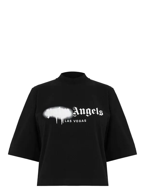 Palm Angels Mock Neck Cropped Tee With Dripping Effect Print - Black