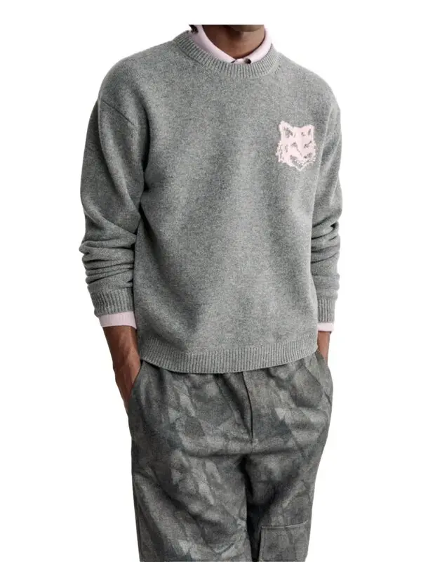 Maison Kitsuné Fox-head Intarsia Crew Neck Sweater - Medium Gray