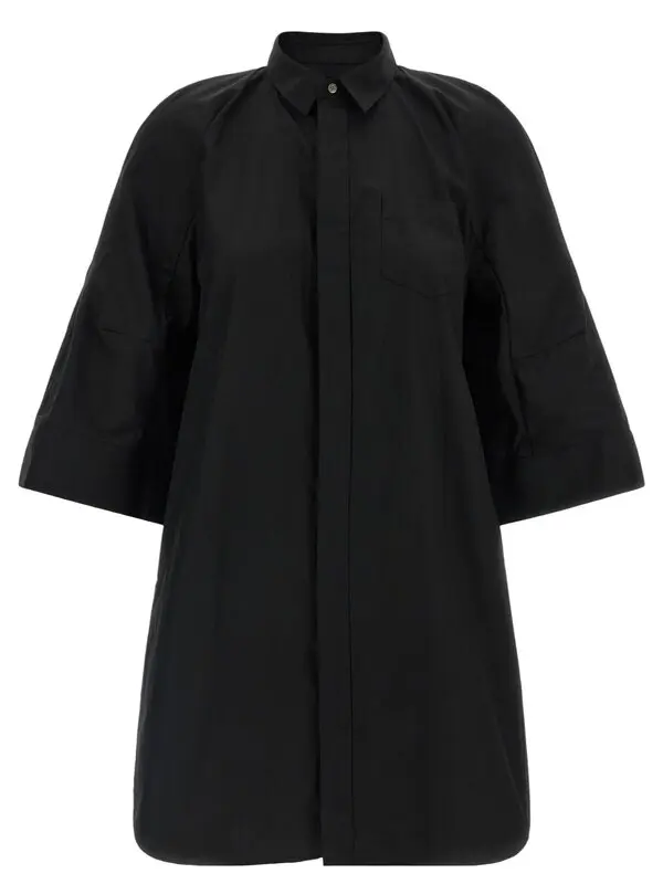 Sacai A-line Technical Cotton-blend Shirt Dress With 3/4 Sleeves - Black