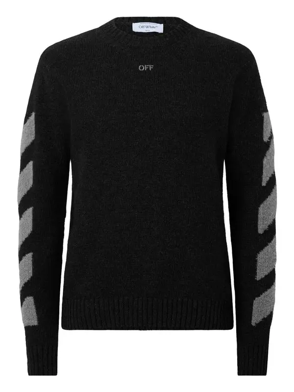 Off-White Crewneck Knit Sweater With Diagonal Stripe Sleeves - Black
