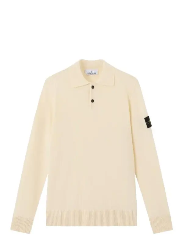 Stone Island Ribbed Polo Collar Sweater With Button Placket - Ivory