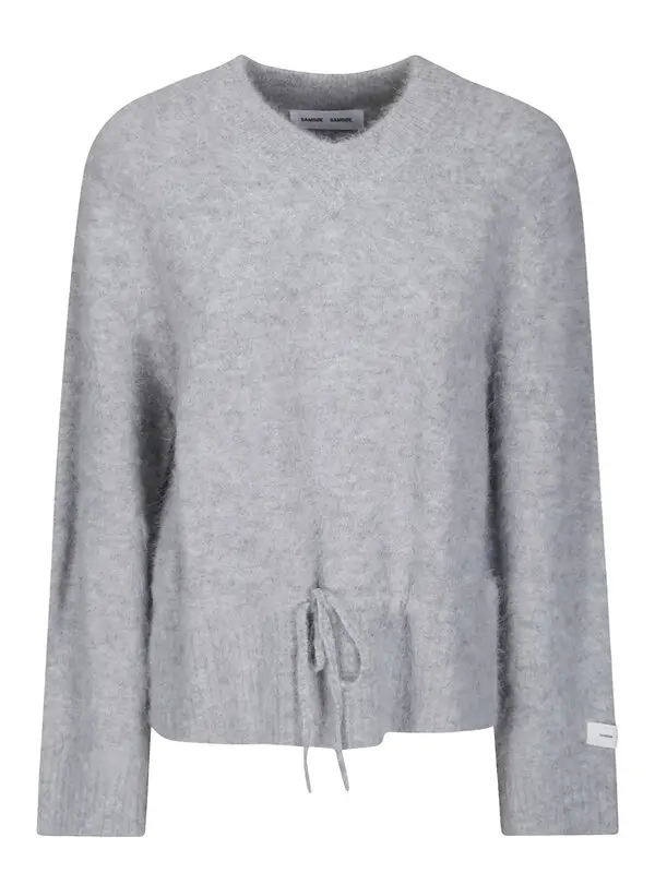 SAMSOE SAMSOE V-neck Drawstring Waist Sweater - Grey