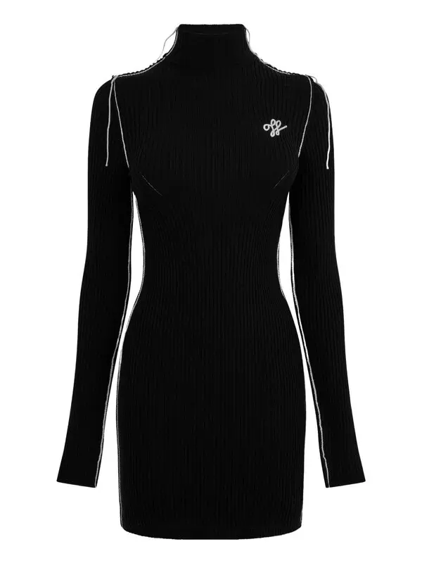 Off-White Ribbed Knit Turtleneck Mini Dress With Contrast Stitching - Black