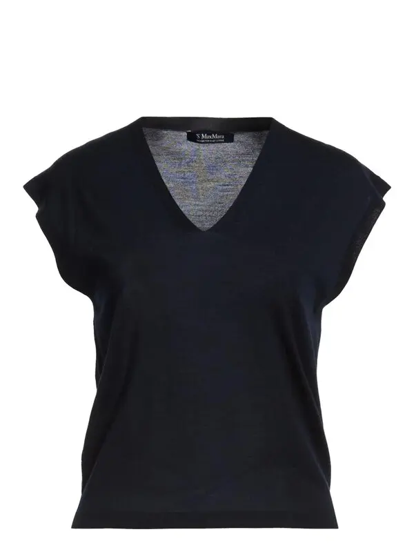 Max Mara Wool Knit V-neck Short Sleeve Top - Blue