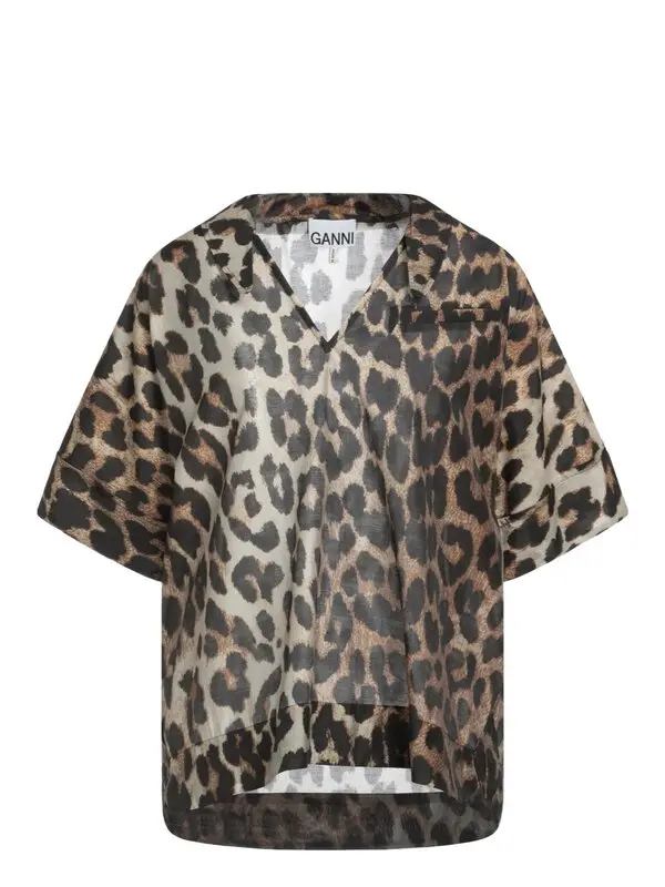 GANNI Leopard Print Short Sleeve Shirt - Brown