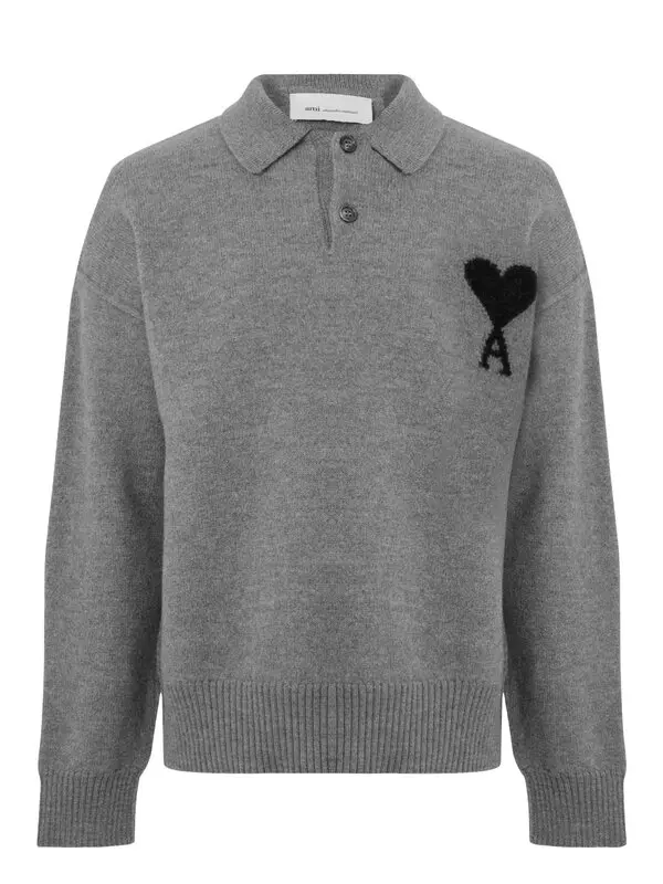 AMI Paris Knitted Polo Shirt - Grey