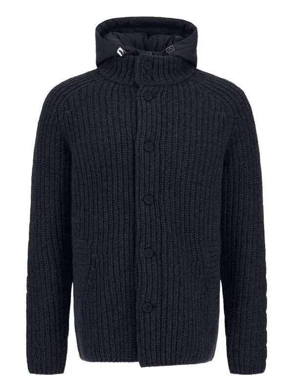 Herno Chunky Ribbed Knit Cotton Garment With Detachable Hood - Navy Blue