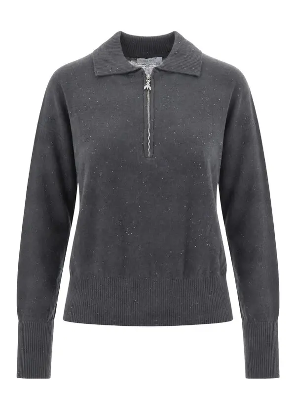 Patrizia Pepe Collared Quarter Zip Sweater With Speckled Knit And Ribbed Details - Black