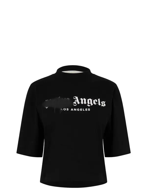 Palm Angels Mock Neck Cropped Top With Letter Print - Black