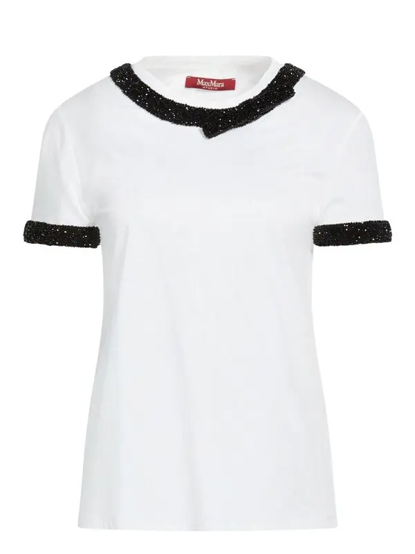 Max Mara Short-sleeved T-shirt With Embellished Collar And Cuffs - White