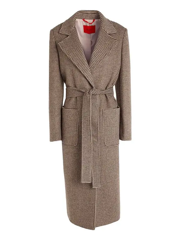 MAXCO. Houndstooth Pattern Collared Coat With Tie Detail - Brown