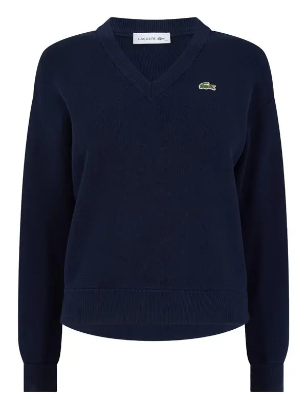 Lacoste V-neck Knit Top With Embroidered Emblem - Blue