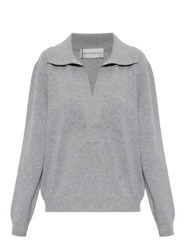 Victoria Beckham Long Sleeve Knit Polo Top - Grey