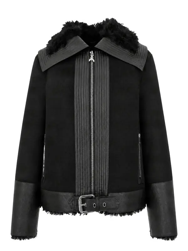 Patrizia Pepe Faux Fur Coat With Leather Paneling And Belted Waist - Black