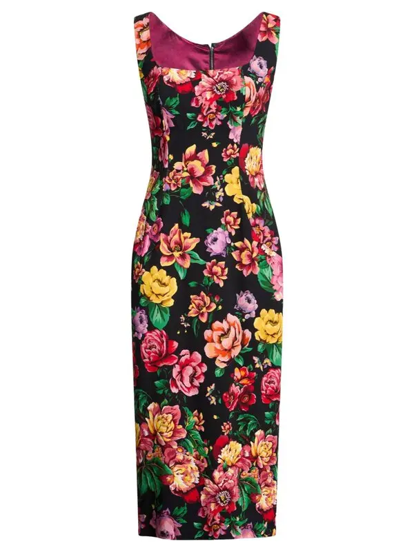 Dolce & Gabbana Floral Print Stretch Sleeveless Square Neck Bodycon Dress - Black