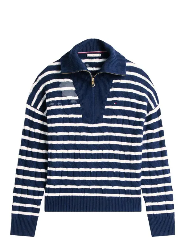 Tommy Hilfiger Striped Quarter Zip Knit Sweater - Blue