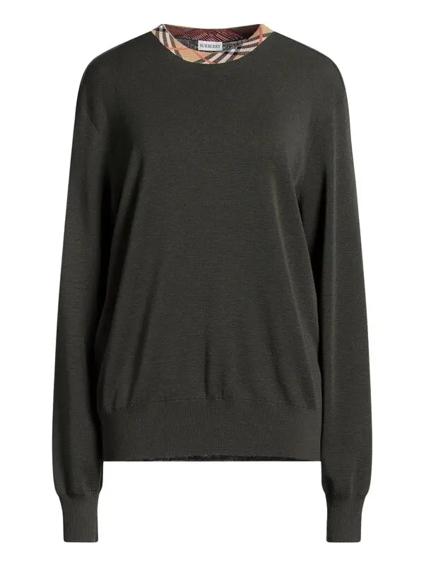 Burberry Ribbed Knit Crewneck Sweater With Tartan Detail - Black