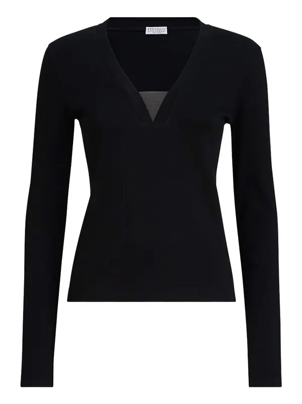 Brunello Cucinelli Monili Embellished V-neck Long Sleeve T-shirt - Black