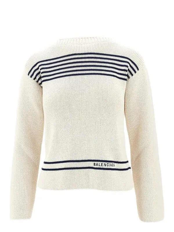 Balenciaga Boat Neck Cotton Sweater With Striped Motif And Logo Embroidery - Beige