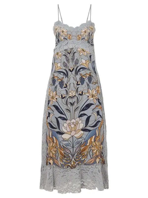 Farm Rio Stained Glass Beauty Printed Guipure Lace-trimmed Satin Midi Dress - Blue