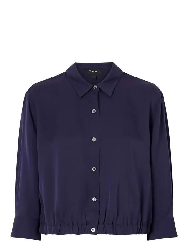 Theory Gathered Crop Silk-crepe Shirt - Navy