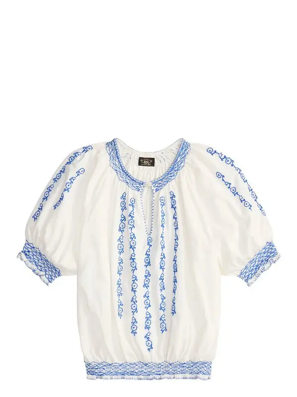 Ralph Lauren Hand-embroidered Cotton-linen Blend Top - White/blue