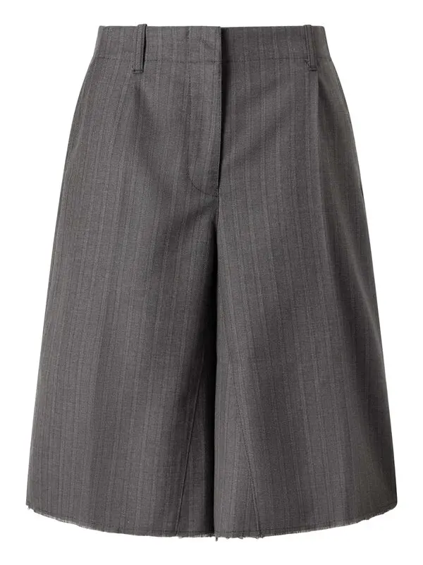 Our Legacy Jumbo Distressed Pleated Striped Cotton And Wool-blend Shorts - Gray