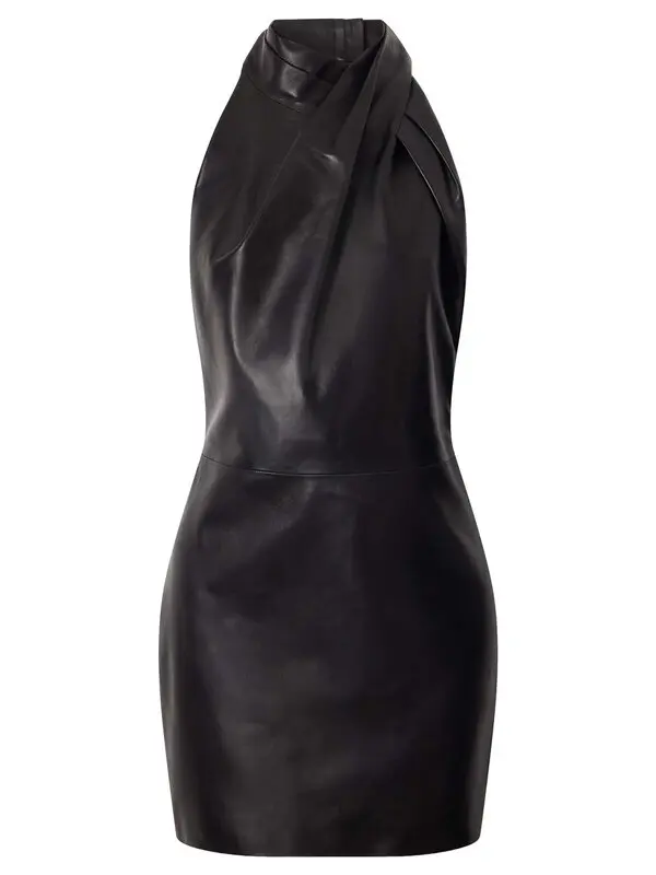 Balmain Paneled Halterneck Leather Mini Dress - Black