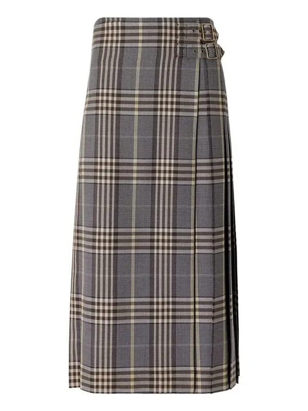 Burberry Pleated Checked Wool Midi Skirt - Beige