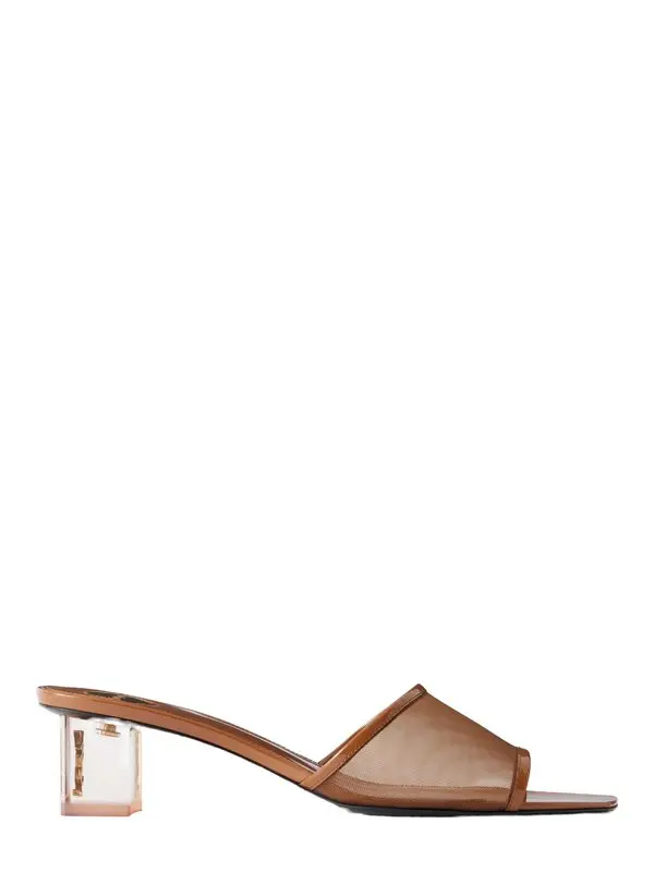 Saint Laurent Cassandre-embellished Patent Leather Trimmed Mesh Mules - Brown