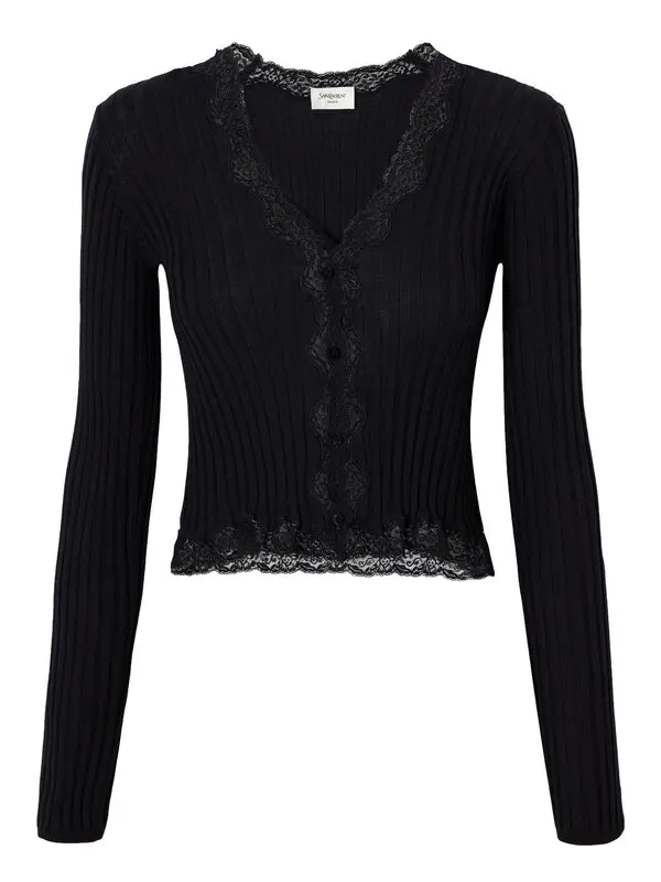 Saint Laurent Ribbed Lace-trimmed Cardigan - Black
