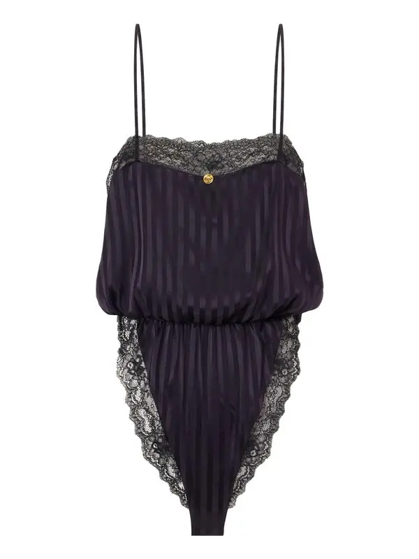 Versace Striped Silk-blend Bodysuit With Lace Trim - Black