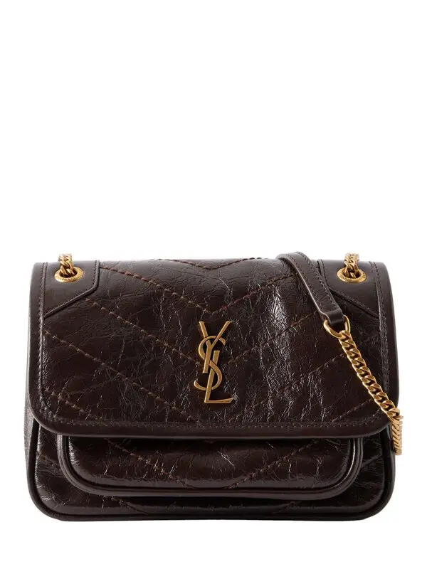 Saint Laurent Niki Mini Cassandre-embellished Crinkled-leather Shoulder Bag - Dark Brown
