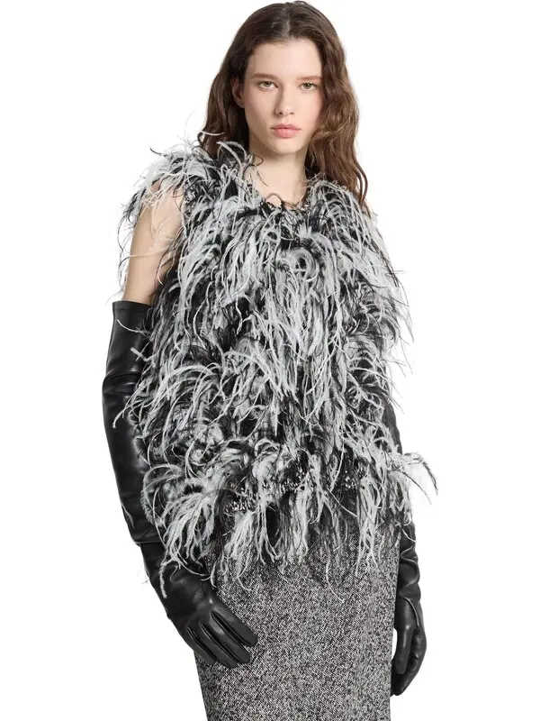 Michael Kors Hand-embroidered Feather Tweed Sweater Top - Black