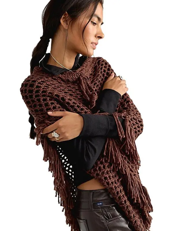Free People Norr Crochet Poncho With Fringe Trim - Ganache