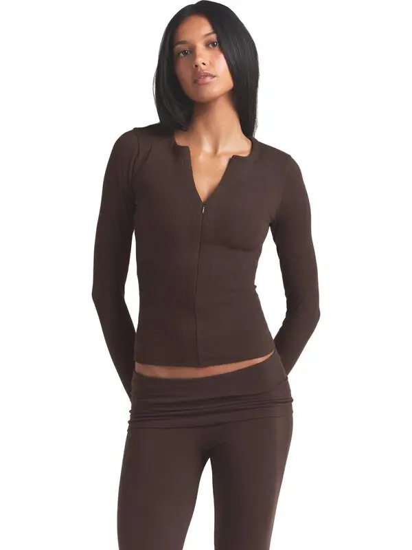SKIMS Cotton Rib Zip Up Jacket Top - Espresso
