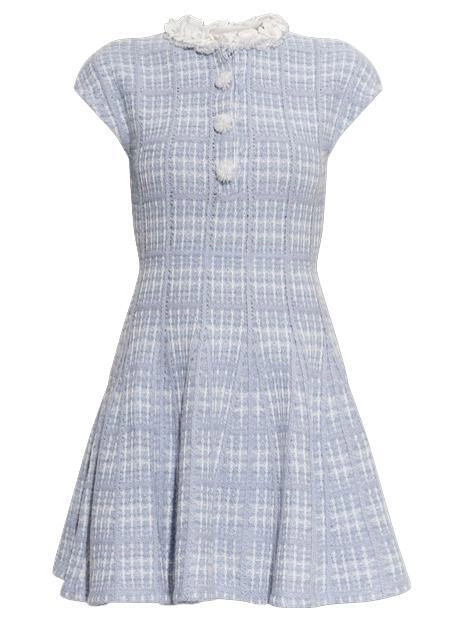 SELF-PORTRAIT Textured Tweed Appliqué Round Neck Mini Dress - Blue