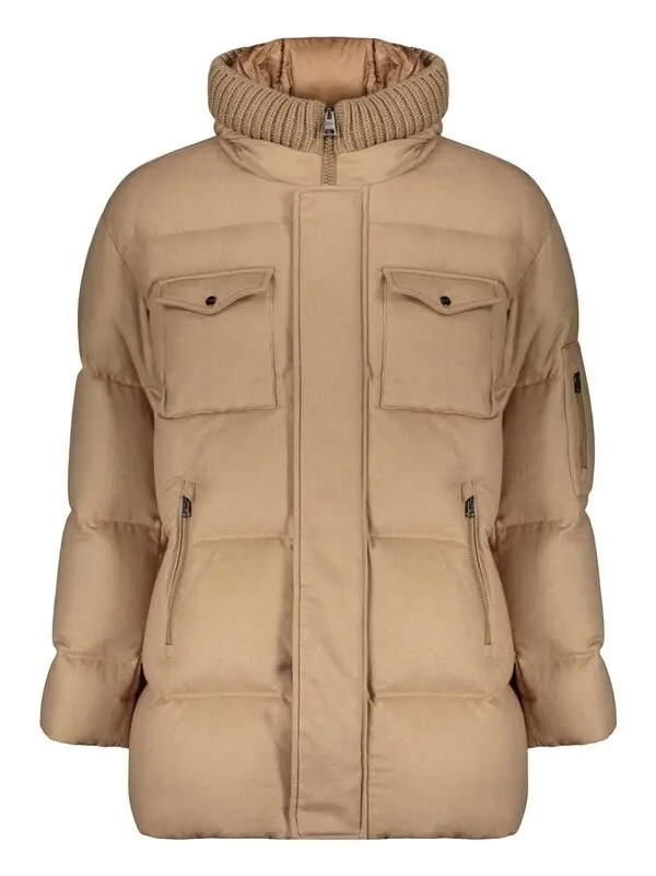 Herno Quilted Padded Coat With Ribbed Knit Hood - Light Brown