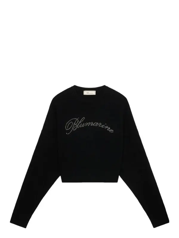 Blumarine Cropped Wool Sweater With Rhinestone Embellishment - Black