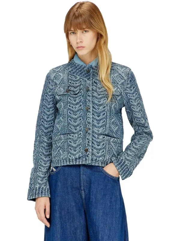 DIESEL® Collarless Cable-knit Effect Denim Jacket - Blue