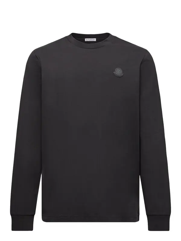 Moncler Leather Logo Long Sleeve Cotton T-shirt - Black